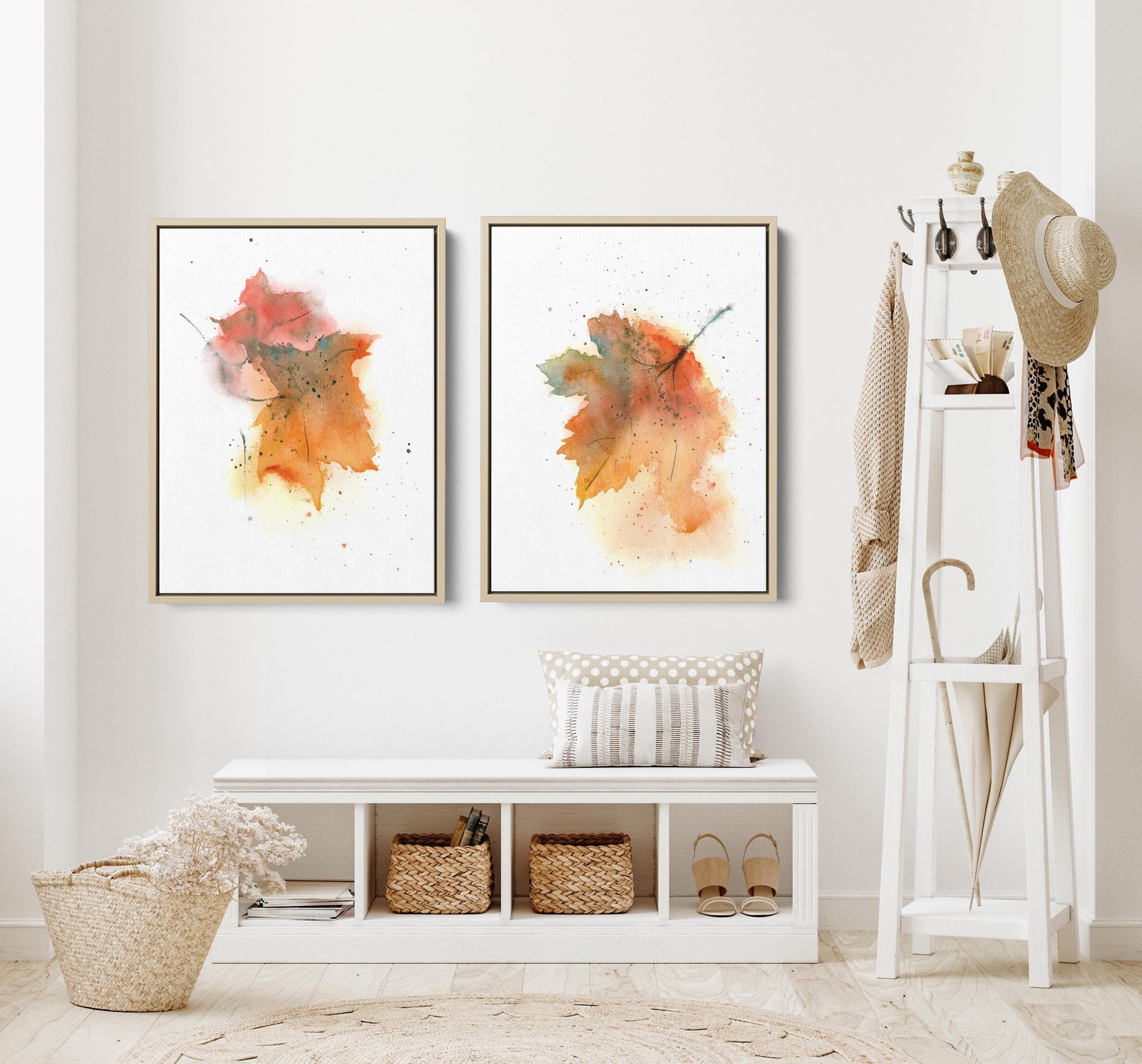 Fall Leaves Canvas Prints Set of 2, Autumn Leaf Watercolor, Orange Fall ...