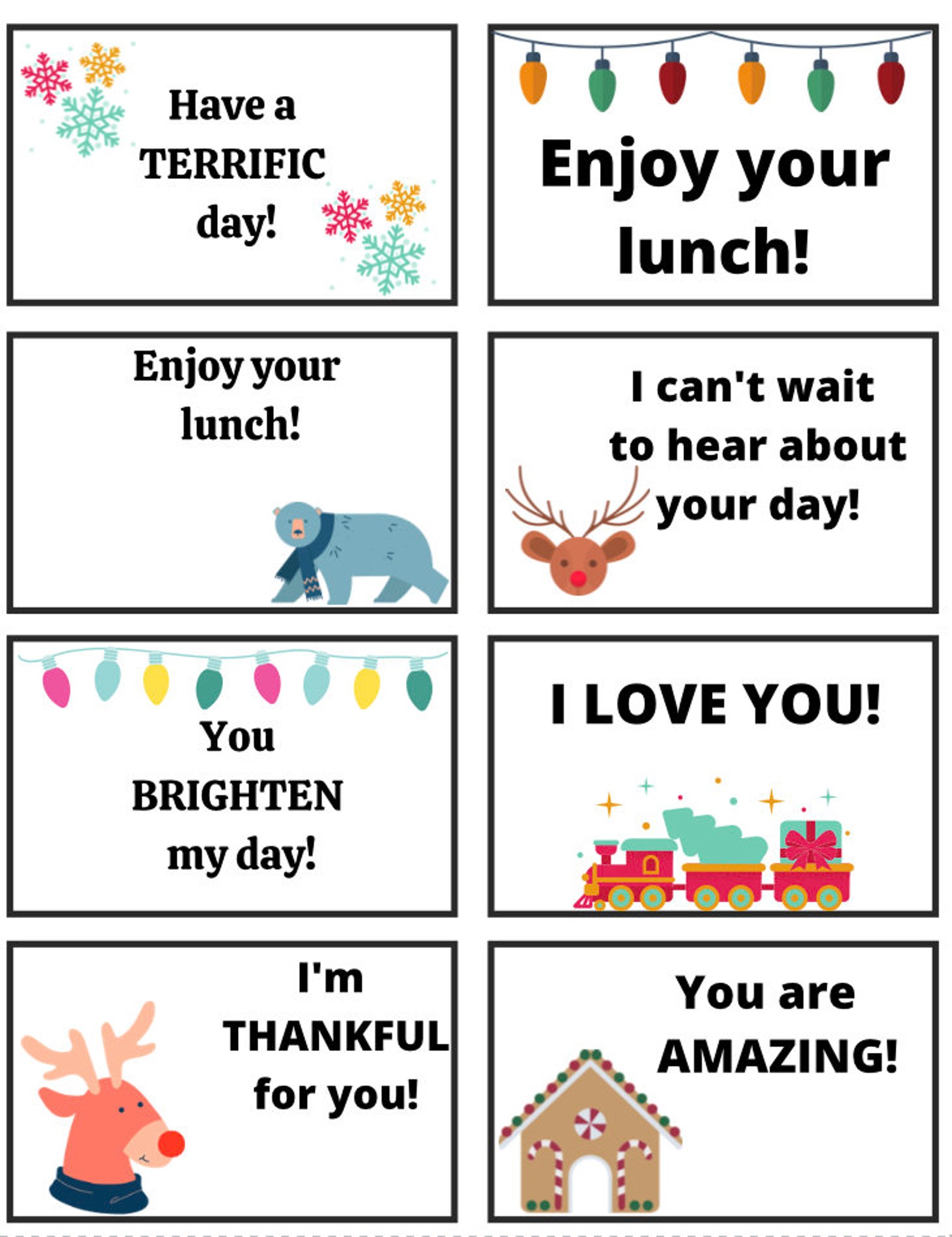 Printable Christmas Lunch Notes, Winter Lunch Box Notes, Lunch Box ...