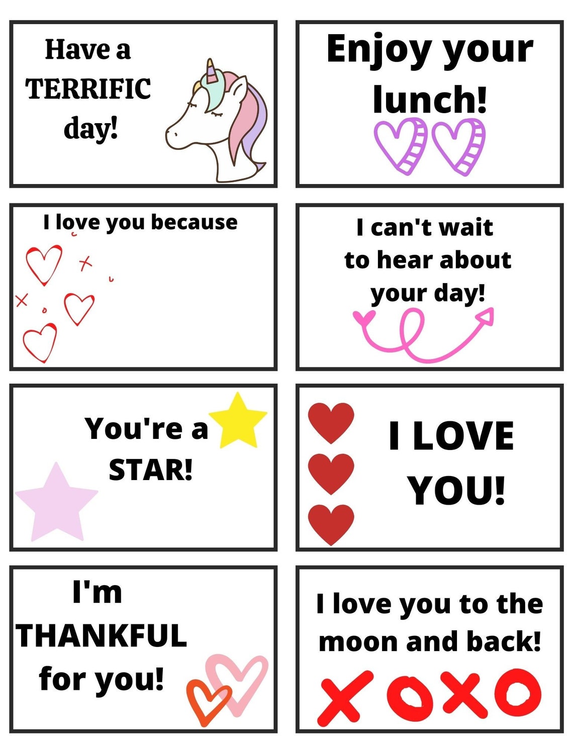 Printable Girly Lunch Notes, Lunch Box Cards - Etsy