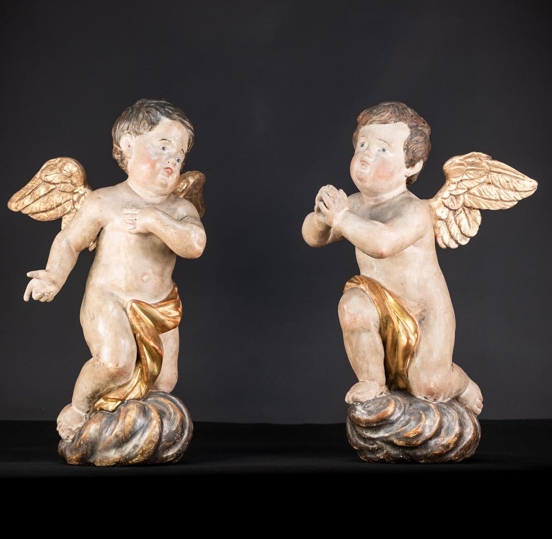 Pair of Angels Wood Carving Staues Two 1700s Baroque Archangel ...