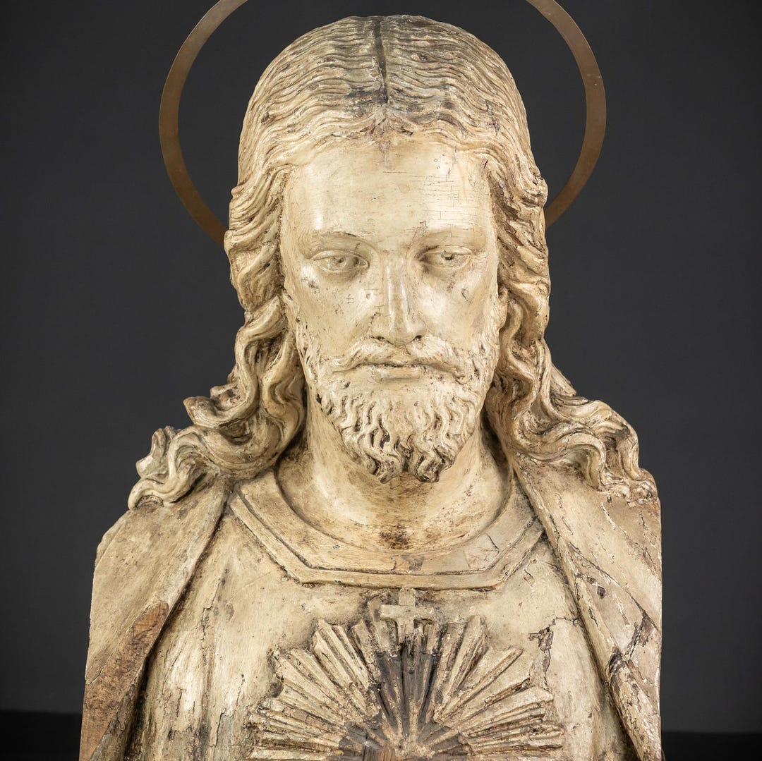 Sacred Heart Jesus Wooden Statue 1800s Antique Christ Wood Carving ...
