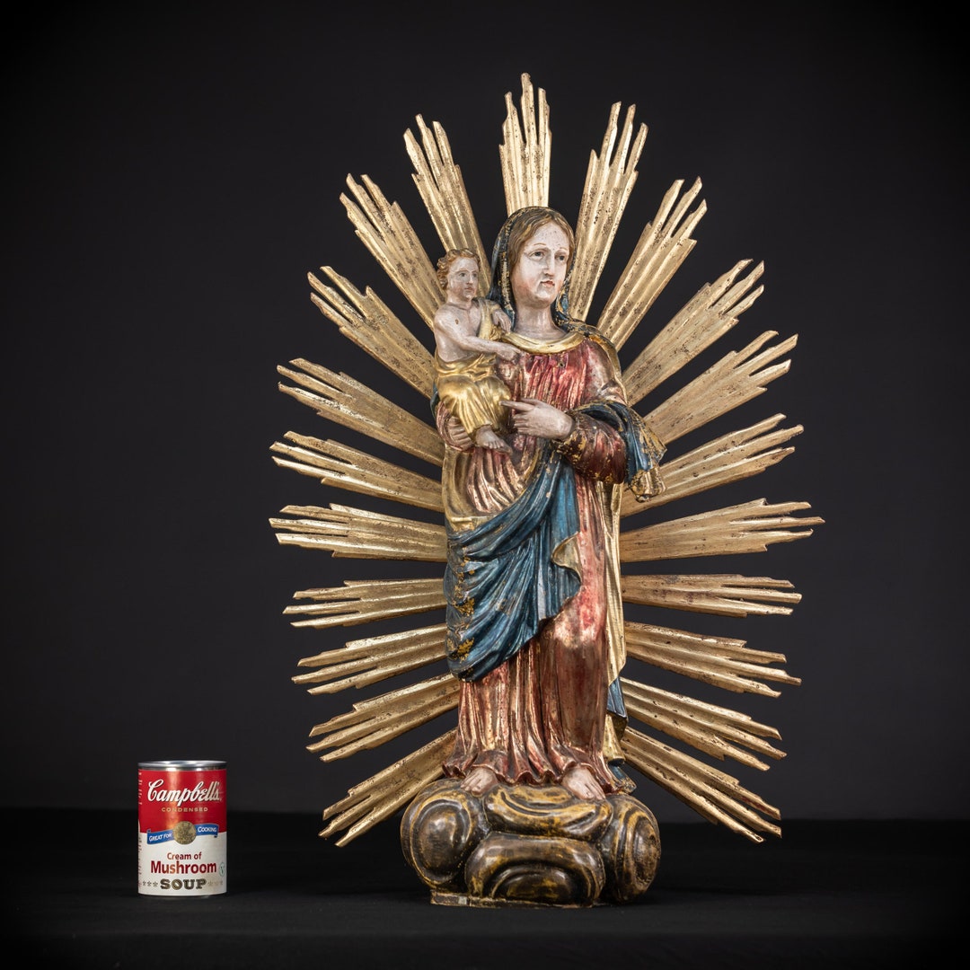 Virgin Mary With Infant Jesus Antique 18th Century Wooden Sculpture ...