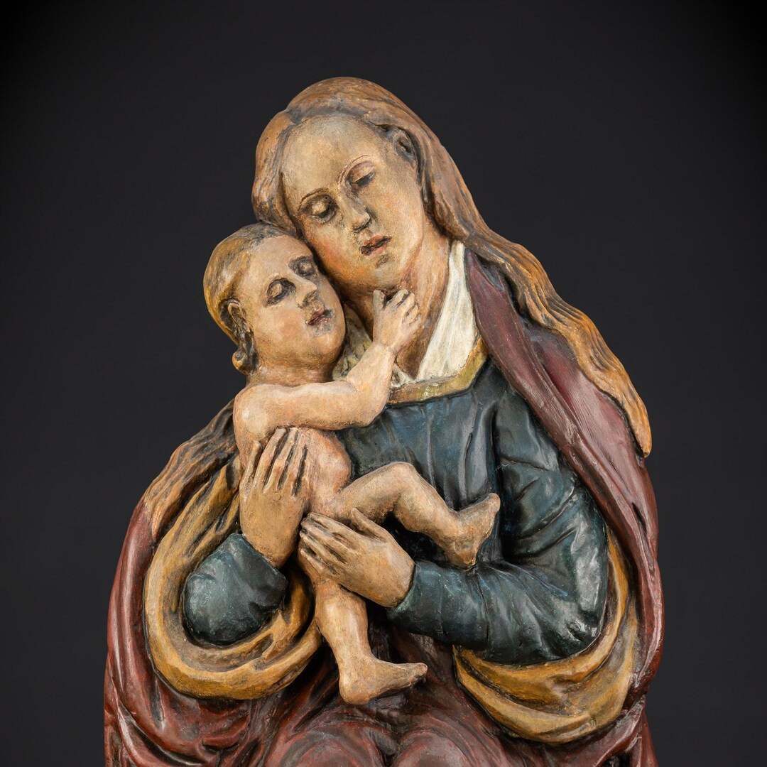 RARE Gothic Virgin Mary With Infant Jesus Statue 1400s Antique Wood ...