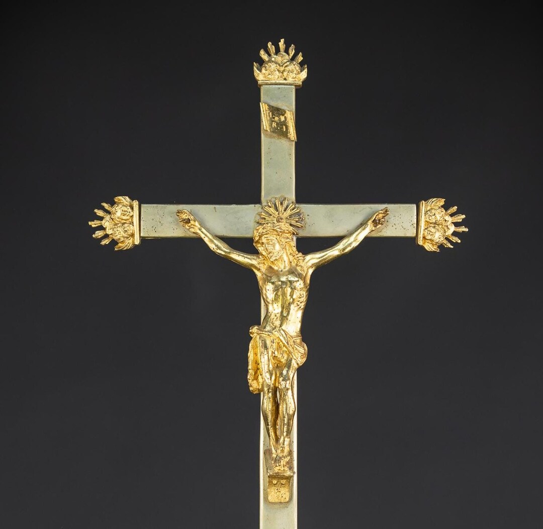 Altar Crucifix Antique 1900s Jesus Christ Crucifixion Gilded Metal ...