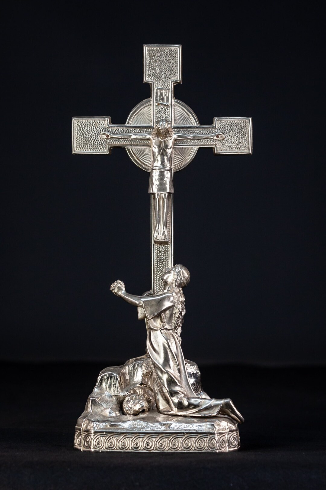 Altar Crucifix Standing Cross Vintage Silvered Metal Jesus Christ and ...