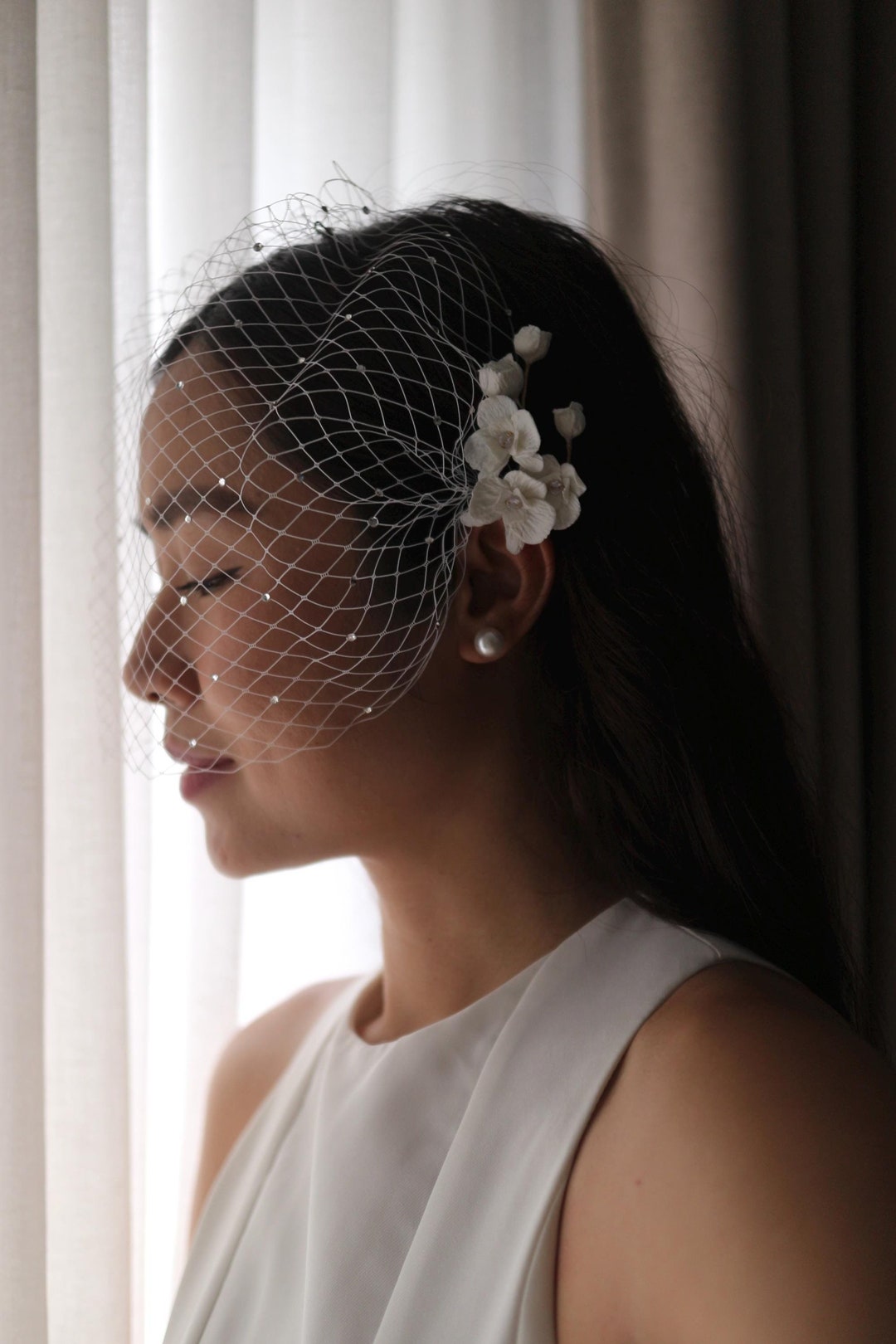 Crystal Bird Cage Veil, Bride Orchid Flower Hair Accessory With Bird Cage Veil, White Orchid ...