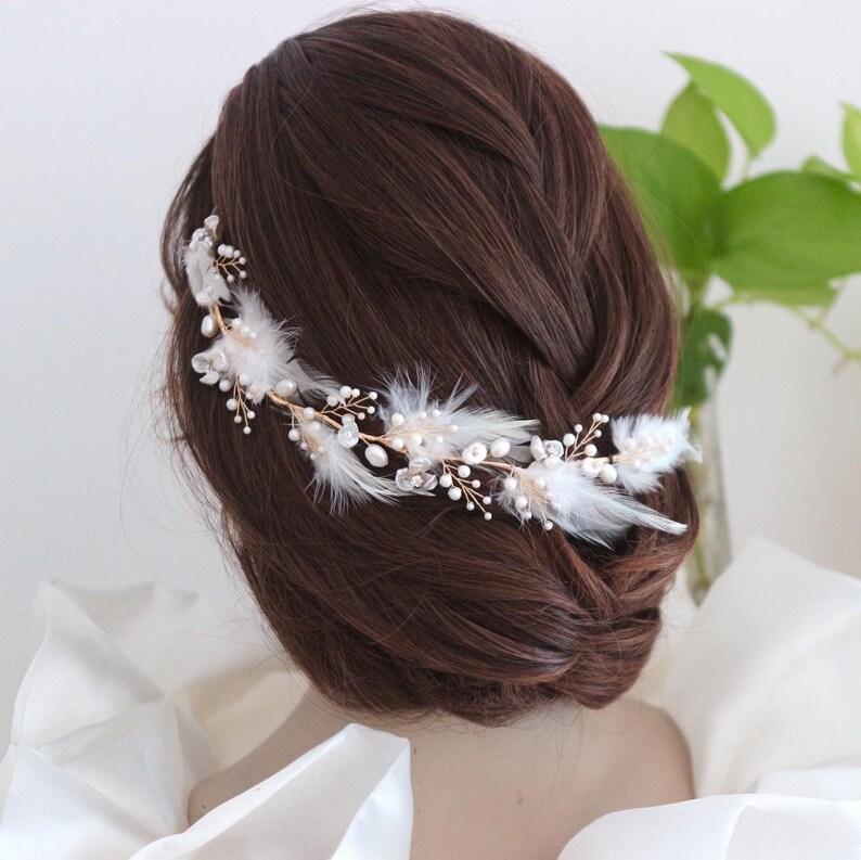 White Feather Headpiece, Boho Wedding Hair Accessory, Feather and Pearl ...