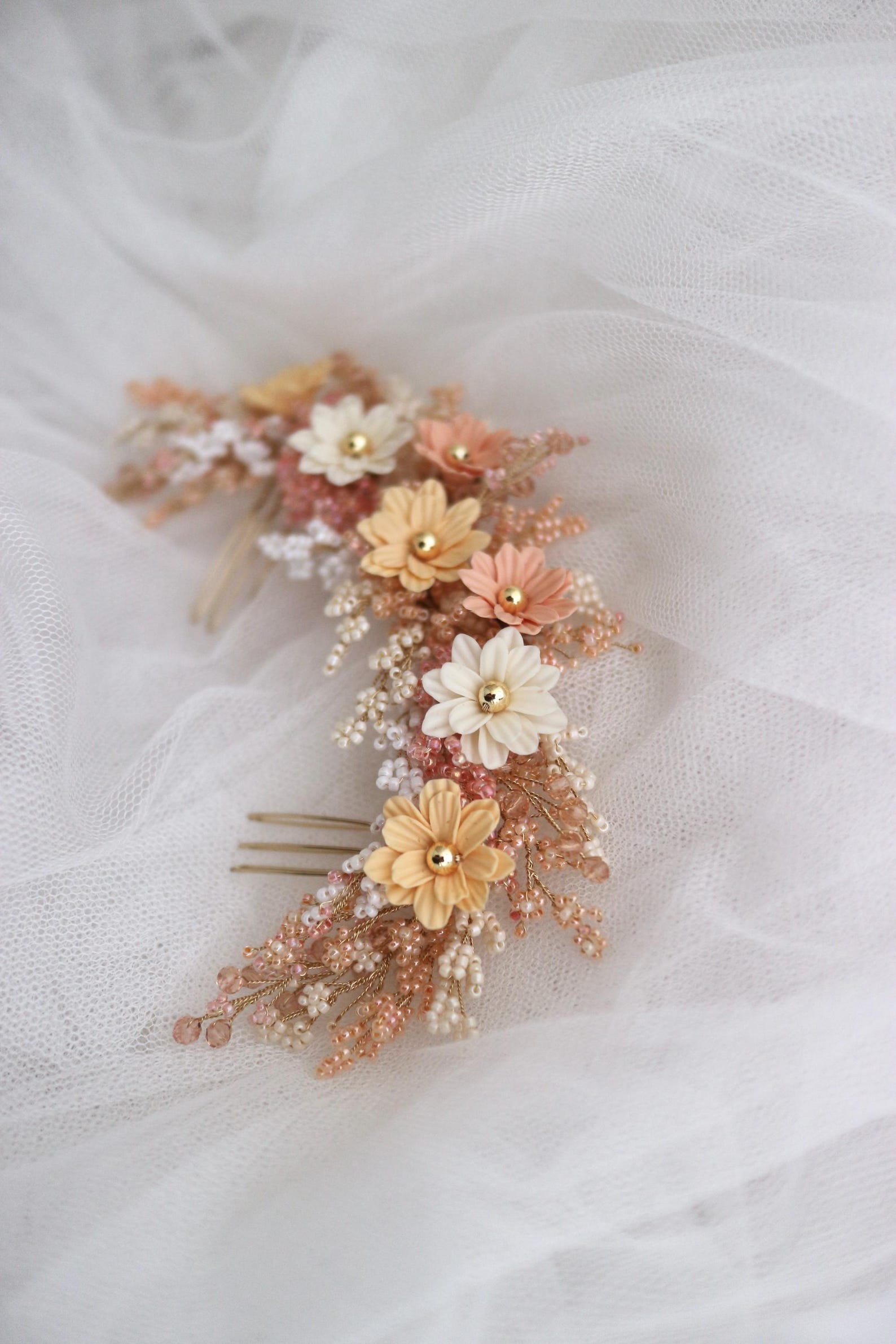 Ivory Coral Baby Breath Bride Headpiece, Peach Bridal Hairpiece, Flower ...