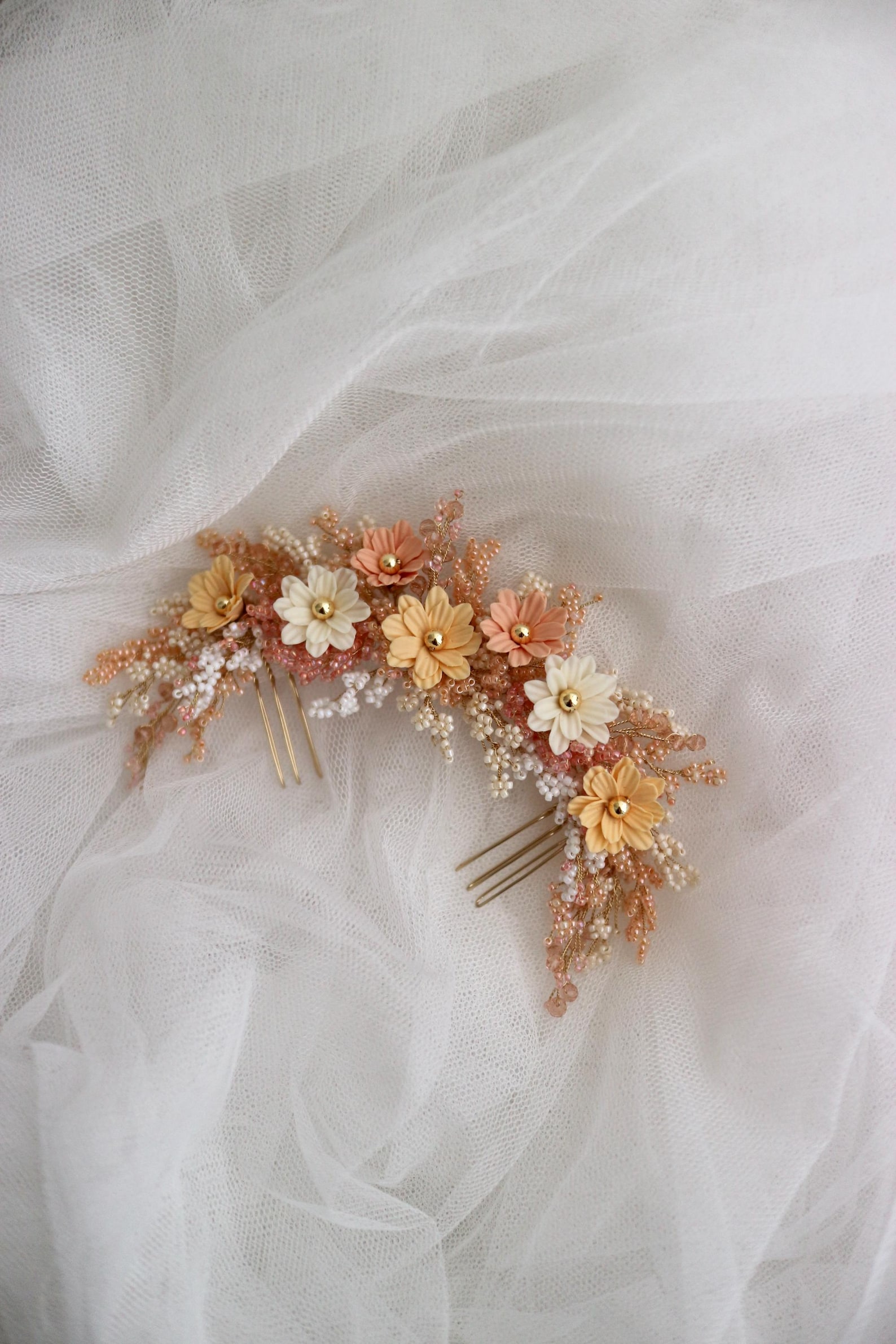 Ivory Coral Baby Breath Bride Headpiece, Peach Bridal Hairpiece, Flower ...