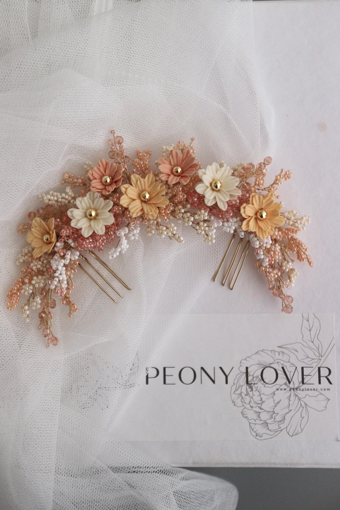 Ivory Coral Baby Breath Bride Headpiece, Peach Bridal Hairpiece, Flower ...