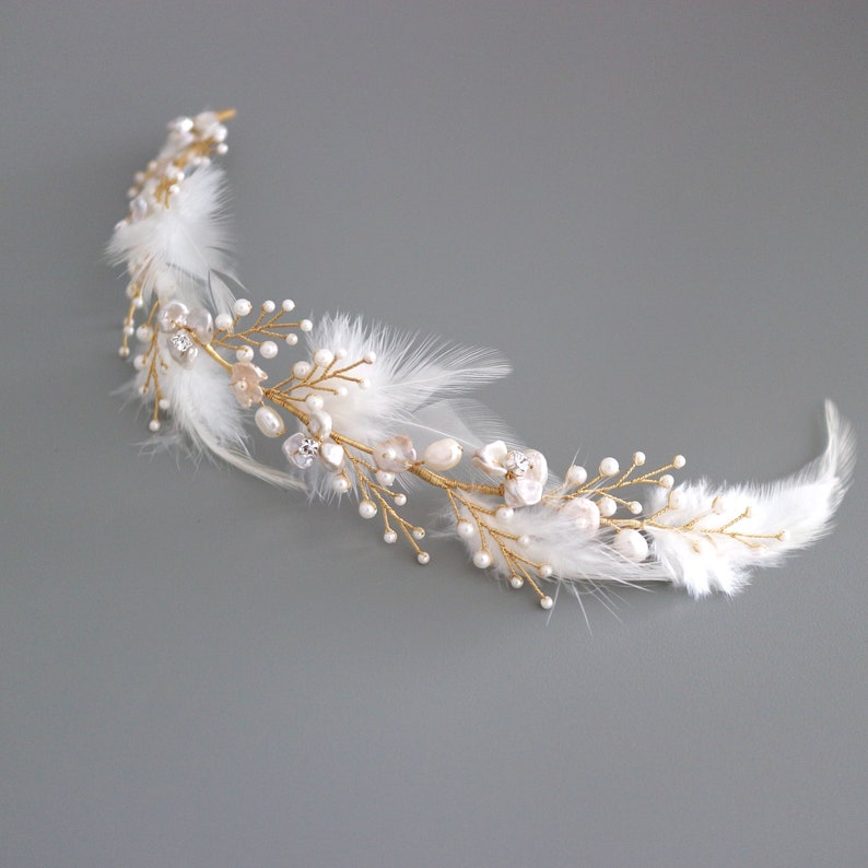White Feather Headpiece, Boho Wedding Hair Accessory, Feather and Pearl ...