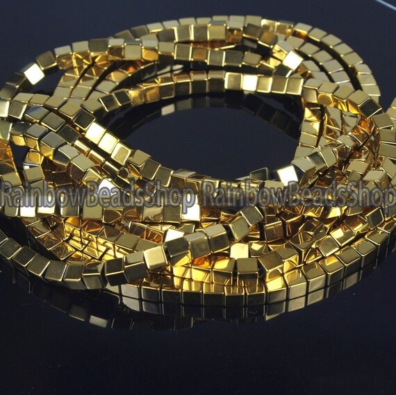 Gold Natural Hematite Square Cube Metallic Beads Gemstone | Etsy