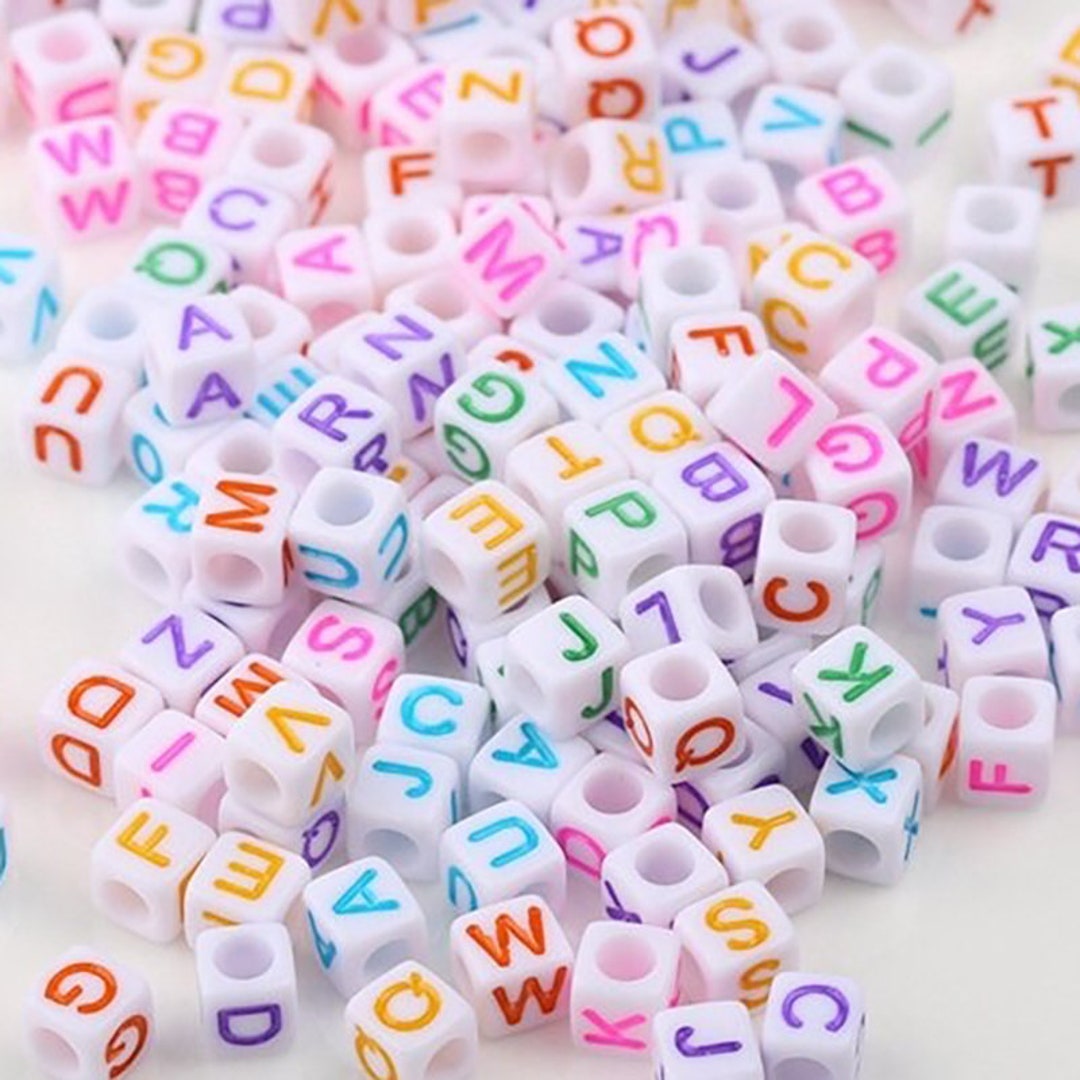 White and Mixed Letter Cube Beads, 6mm Alphabet Plastic Carved Square ...