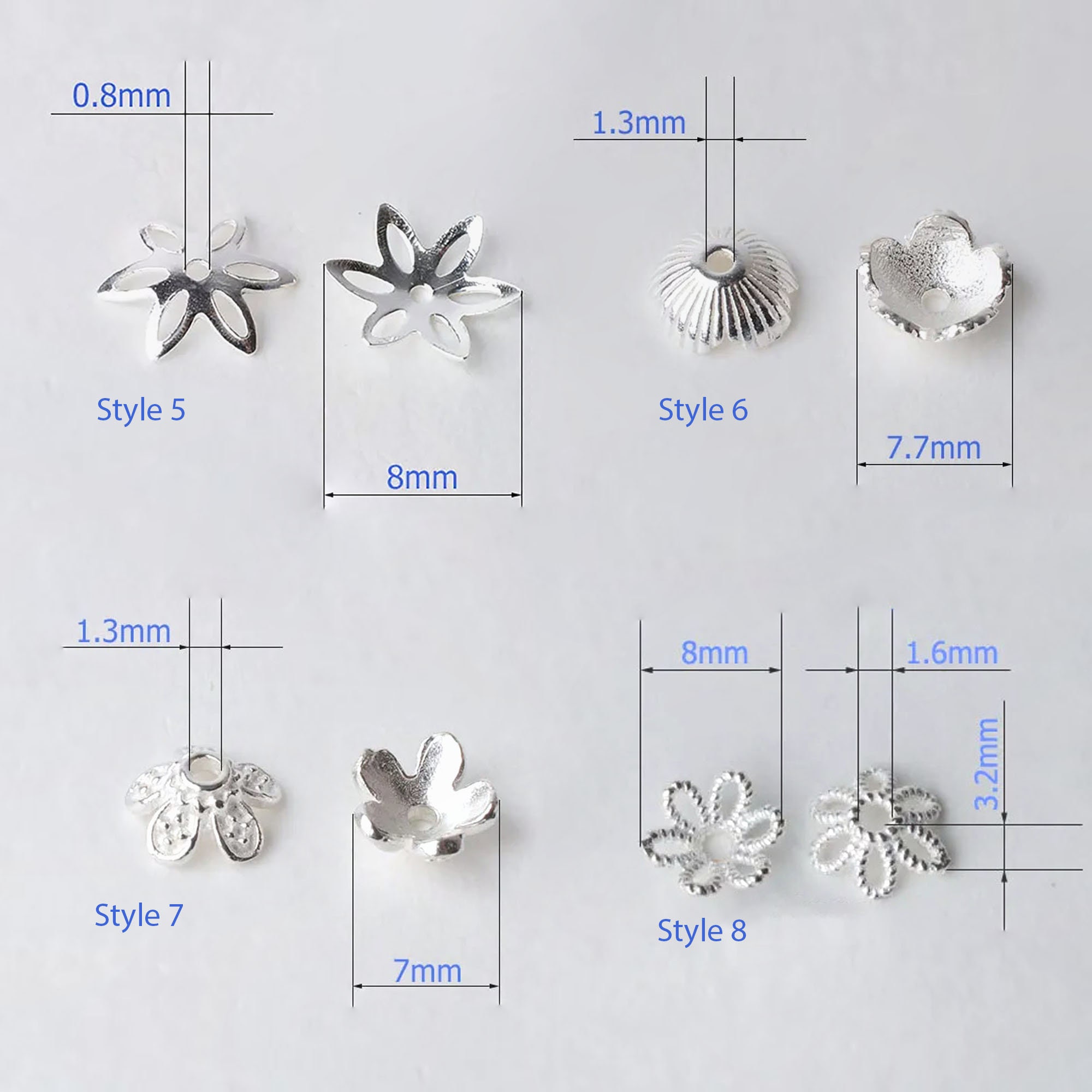 Solid 925 Sterling Silver Flower Bead Cap, Spacer Bead Caps, Jewelry ...