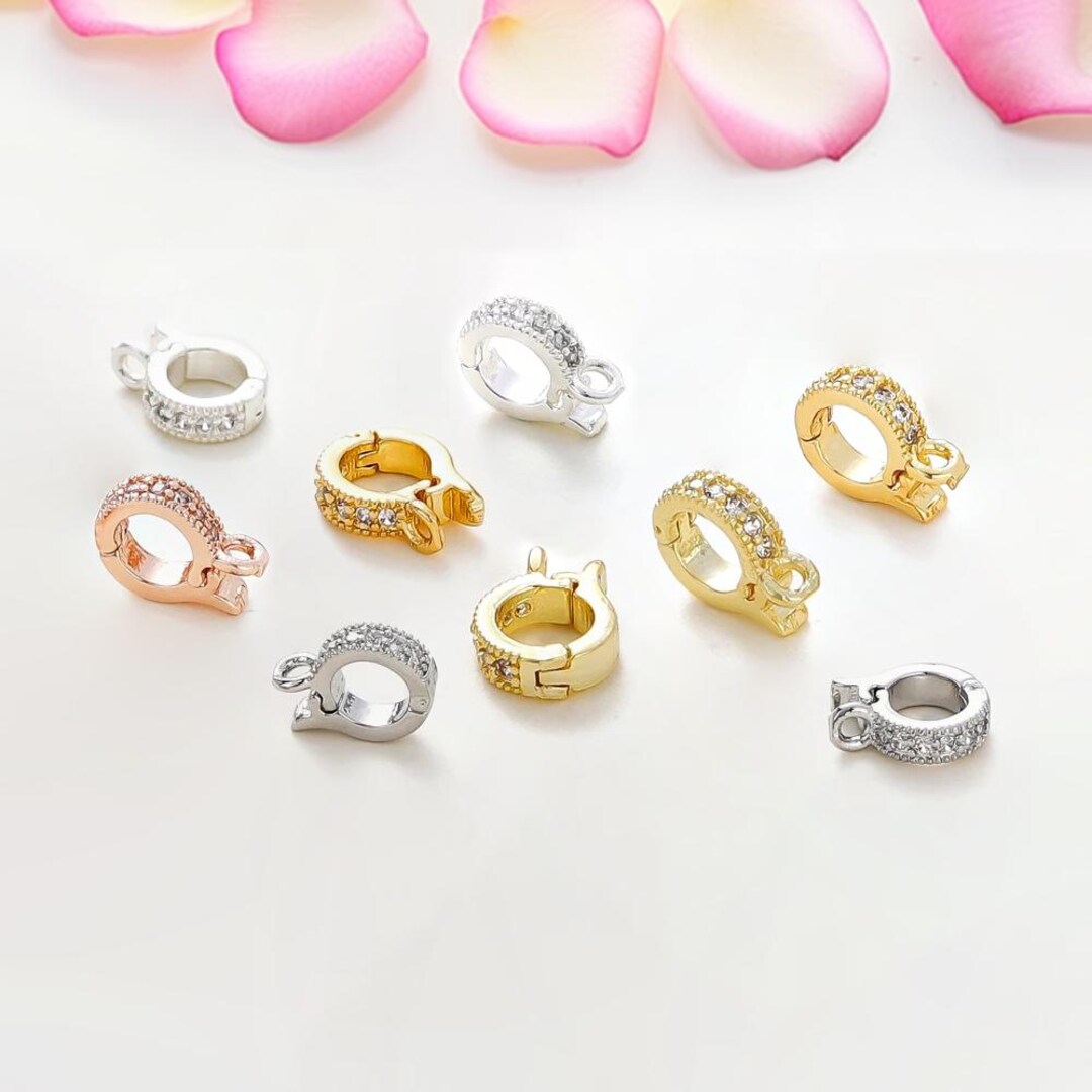 14/18K Gold Color Plated Brass Round CZ Push Gate Clasp, Rhinestone R ...