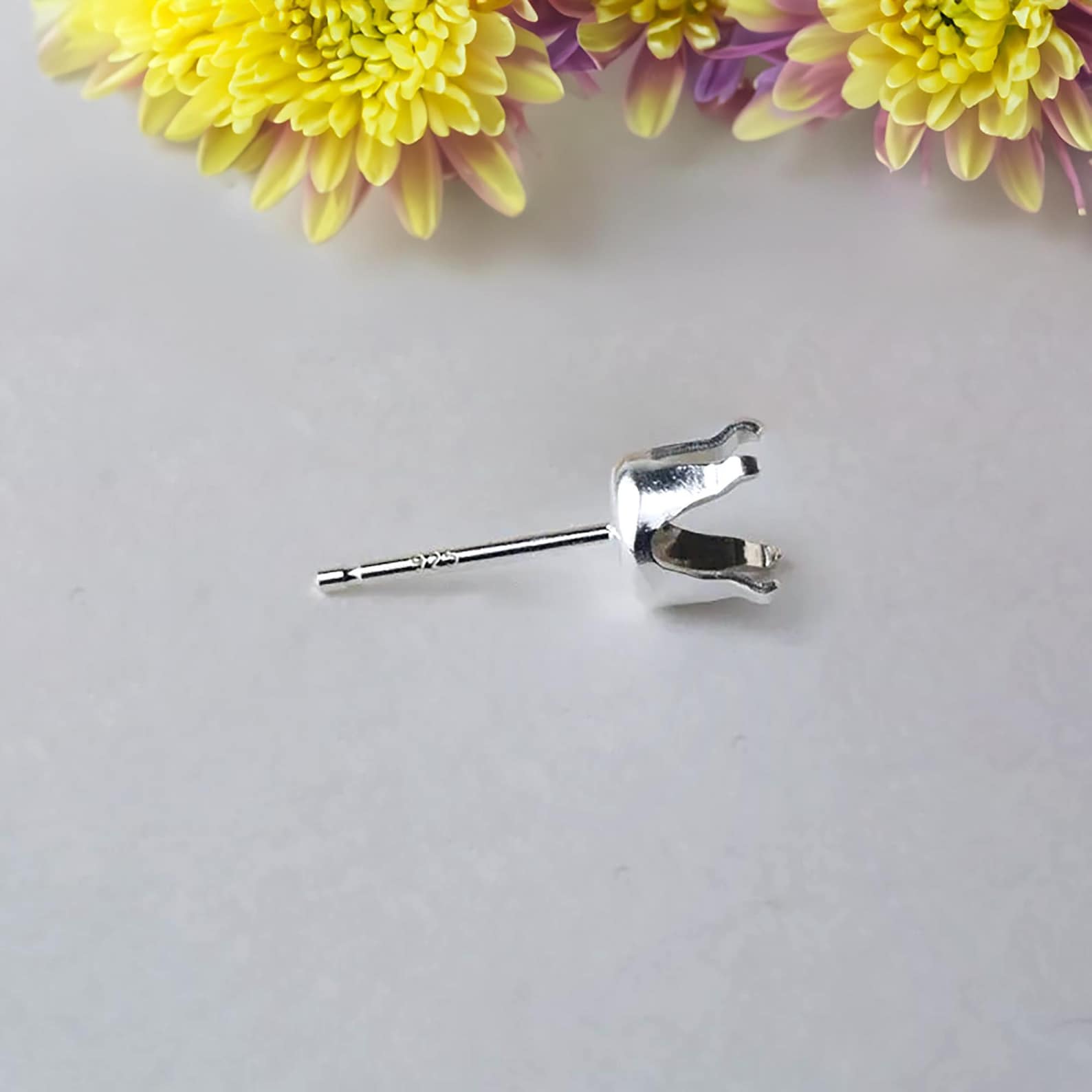 925 Sterling Silver Snap Stud Earrings, DIY 4 Prongs Snaptite Ear Stud ...