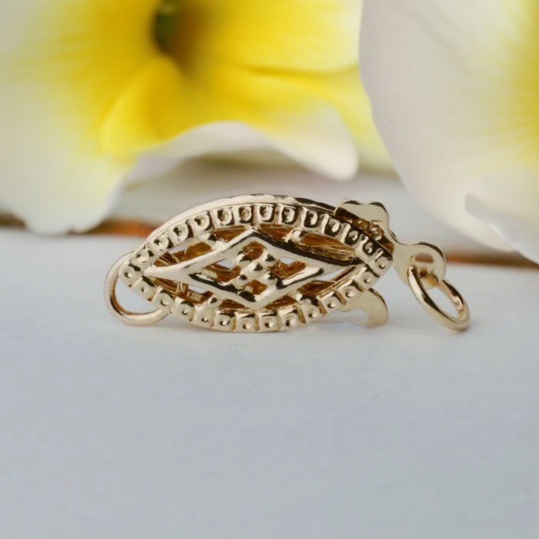 14k Gold Filigree Fish Hook Clasps, Safety Tab Buckle Box Clasp, Yellow ...