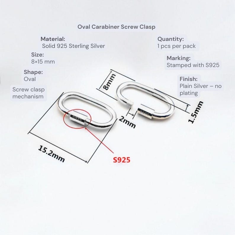 Oval Carabiner Screw Clasp, 925 Sterling Silver Connector for DIY ...