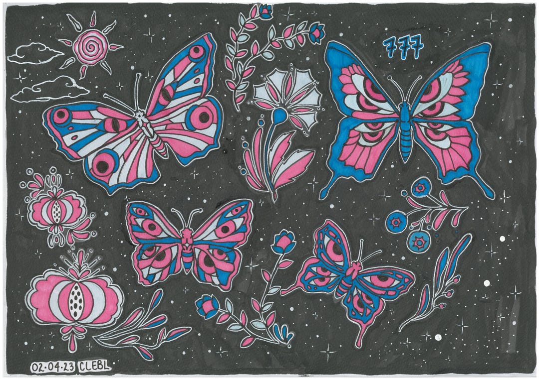 Tattoo Flash Style Butterfleyes and Folk Floral 777 - Original Artwork ...