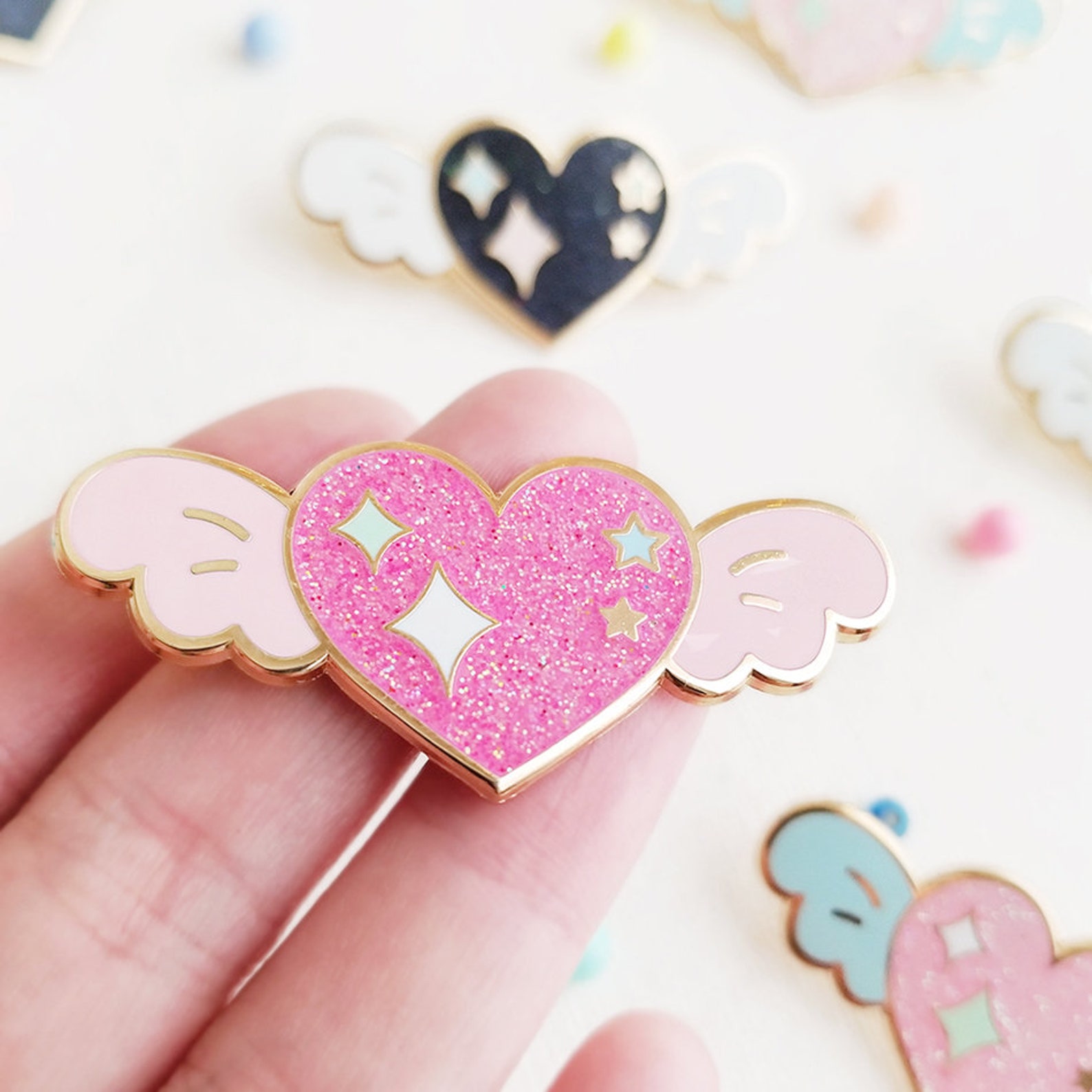 Flying Heart Glitter Enamel Pin - Etsy