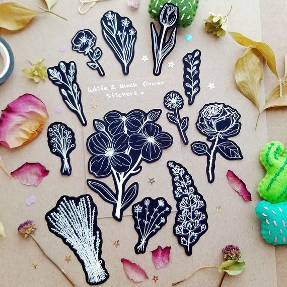 White and Black Flower Stickers | Etsy