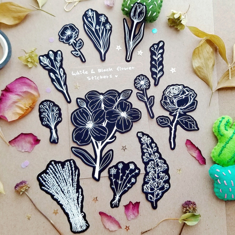 White and Black Flower Stickers - Etsy