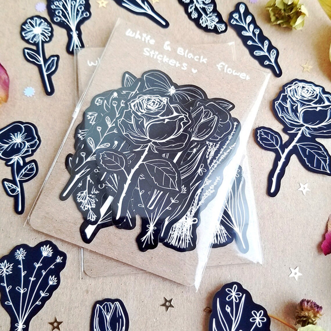 White and Black Flower Stickers | Etsy