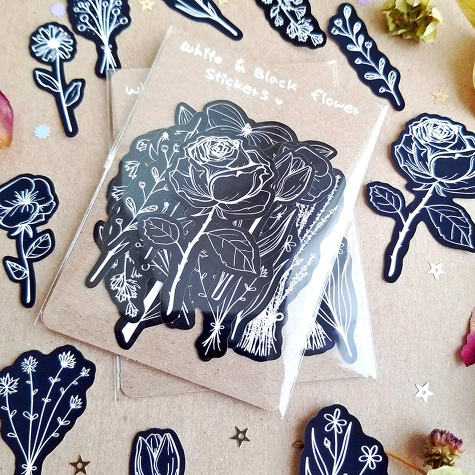 White and Black Flower Stickers - Etsy