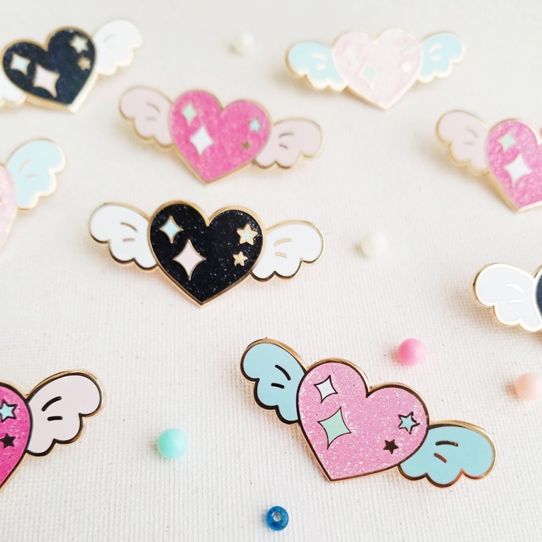 Flying Heart Glitter Enamel Pin - Etsy