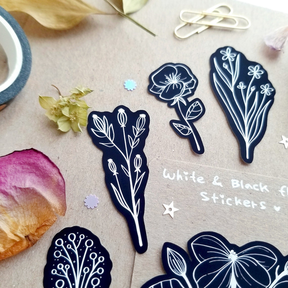 White and Black Flower Stickers - Etsy