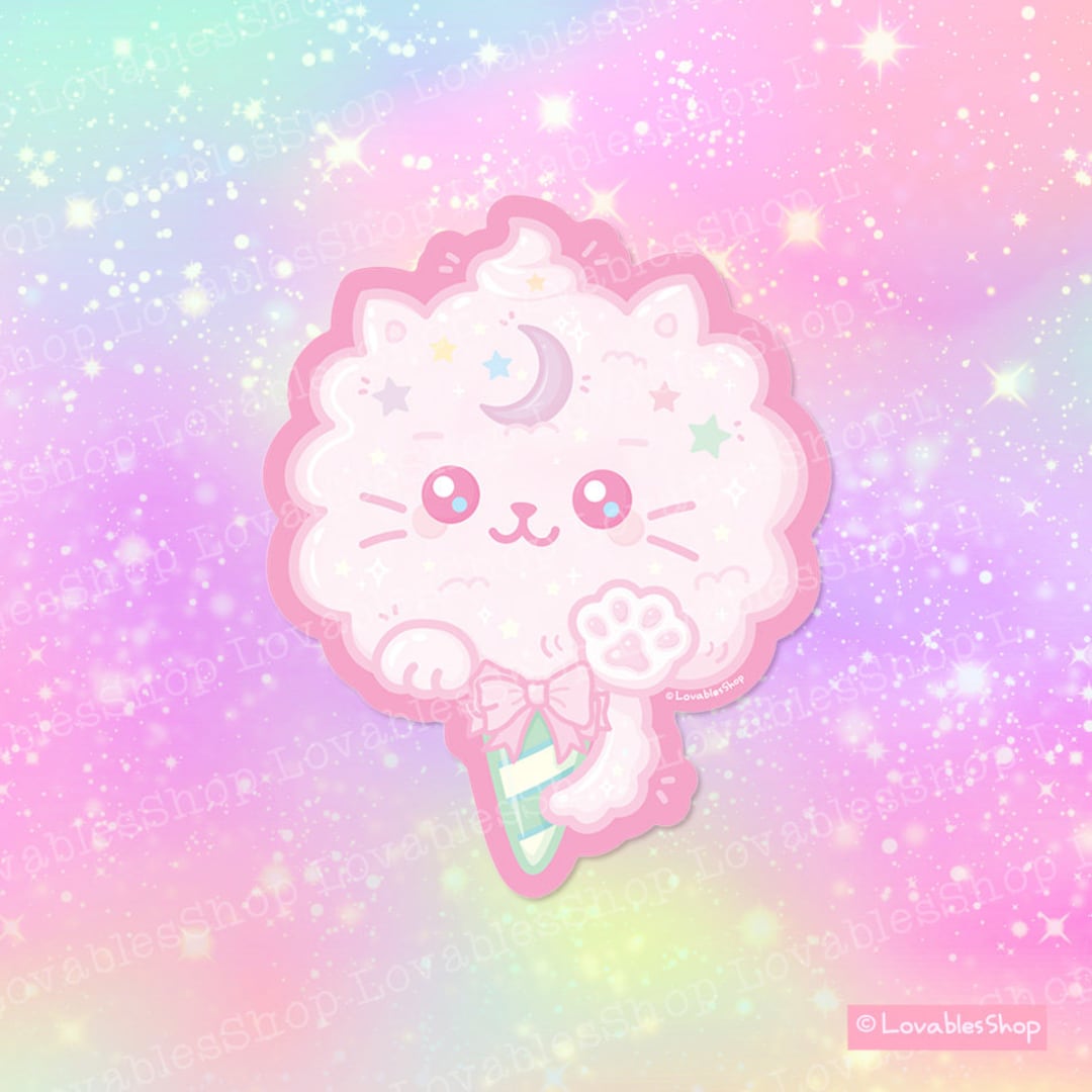 Pink Cotton Candy Cat Vinyl Sticker - Etsy