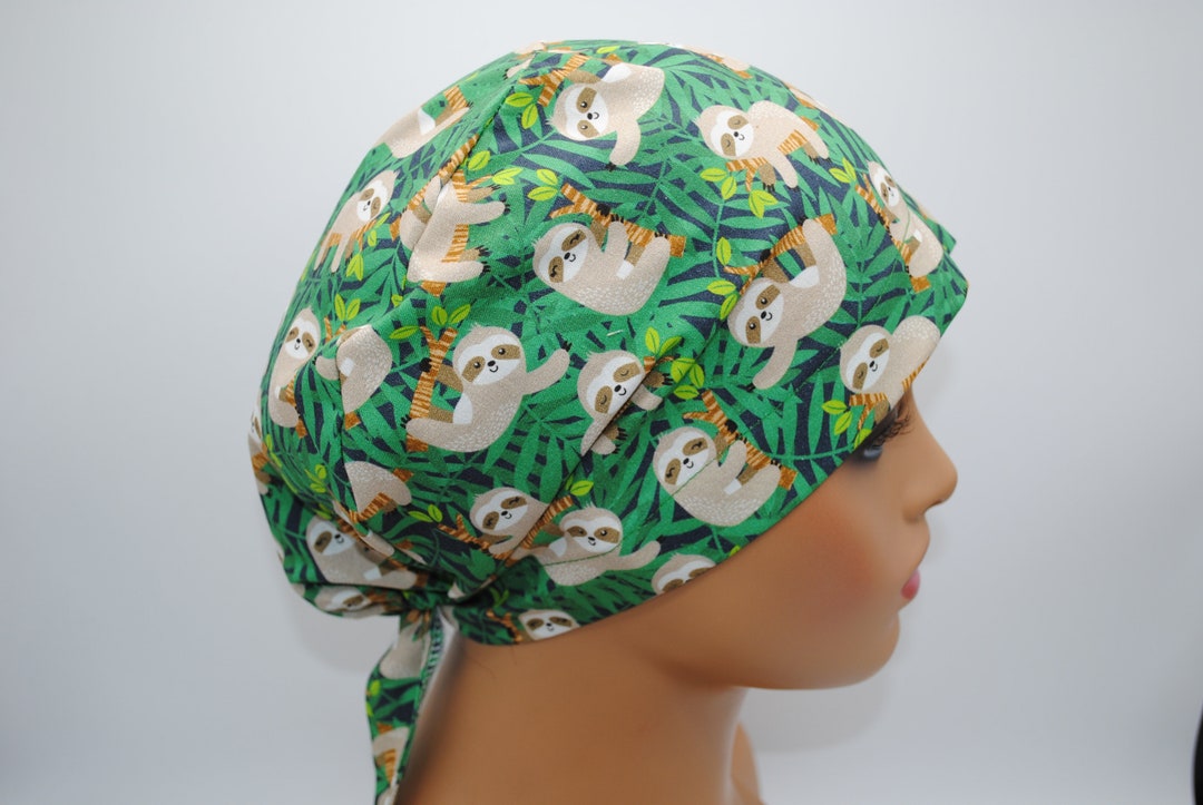 Funny Cute Sloth’s Surgical Scrub Cap for Long Hair, for Nurse, Doctor ...