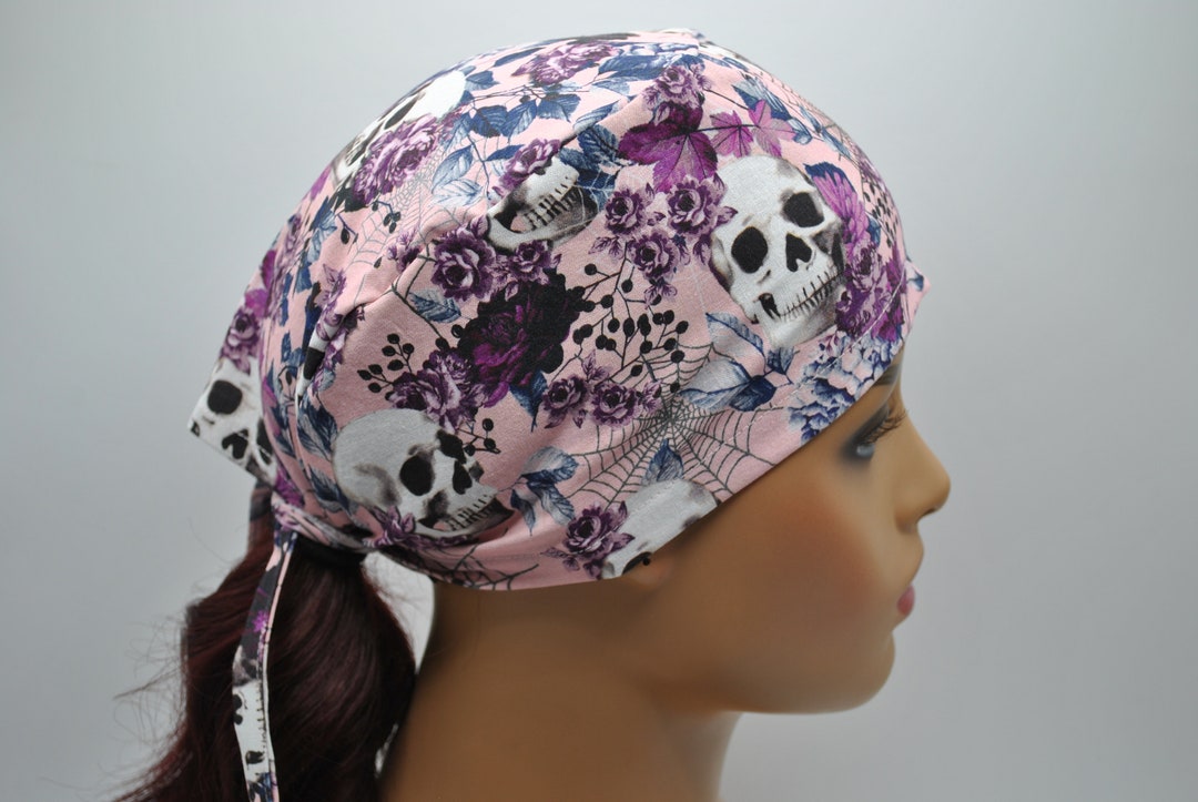 Pink Flowers, Skulls and Spider Webs Surgical Scrub Cap for Nurse ...