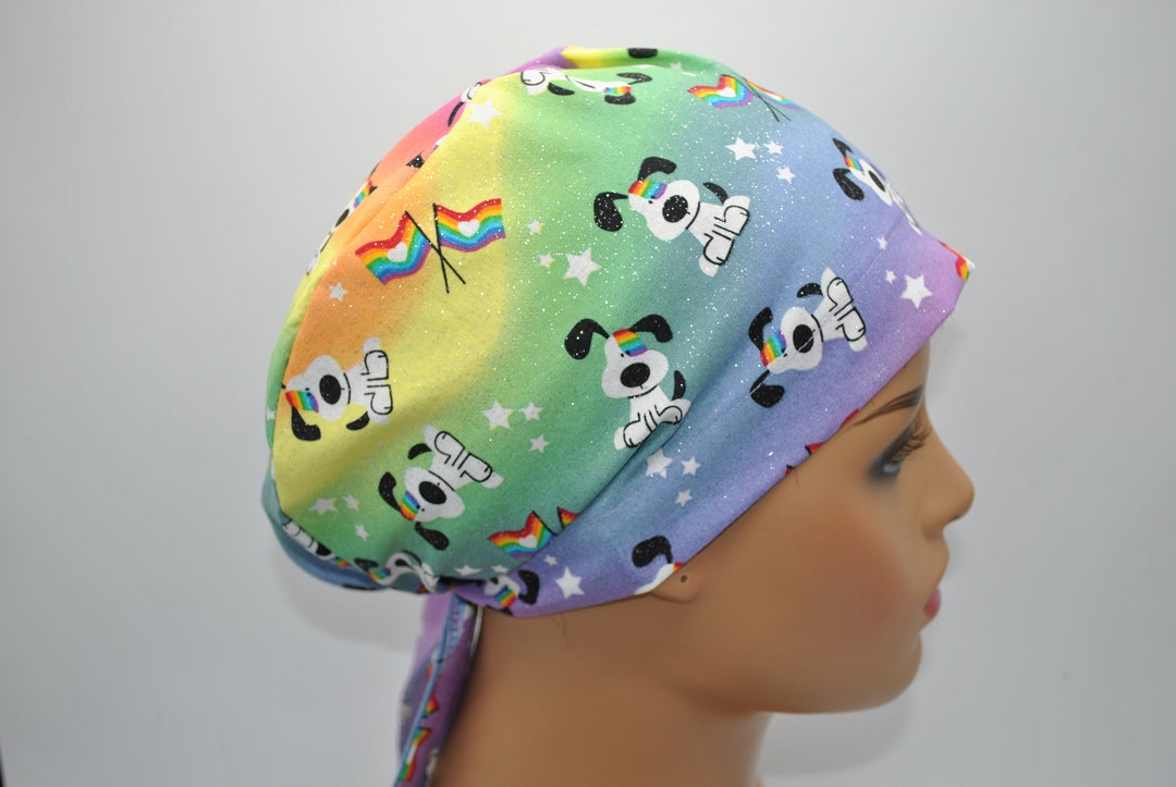Colorful Rainbow With Puppy Dogs Surgical Scrub Cap for Long Hair ...