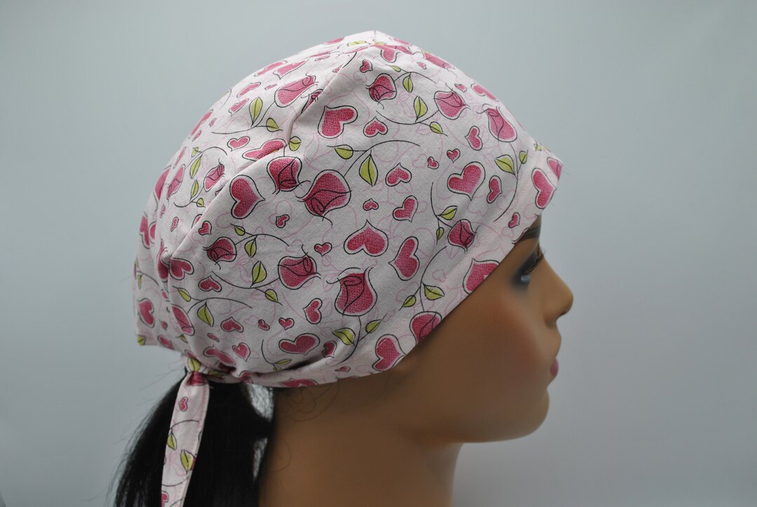 Pink Hearts and Roses Surgical Scrub Cap, Head Cover, Scrub Hat, Tie ...