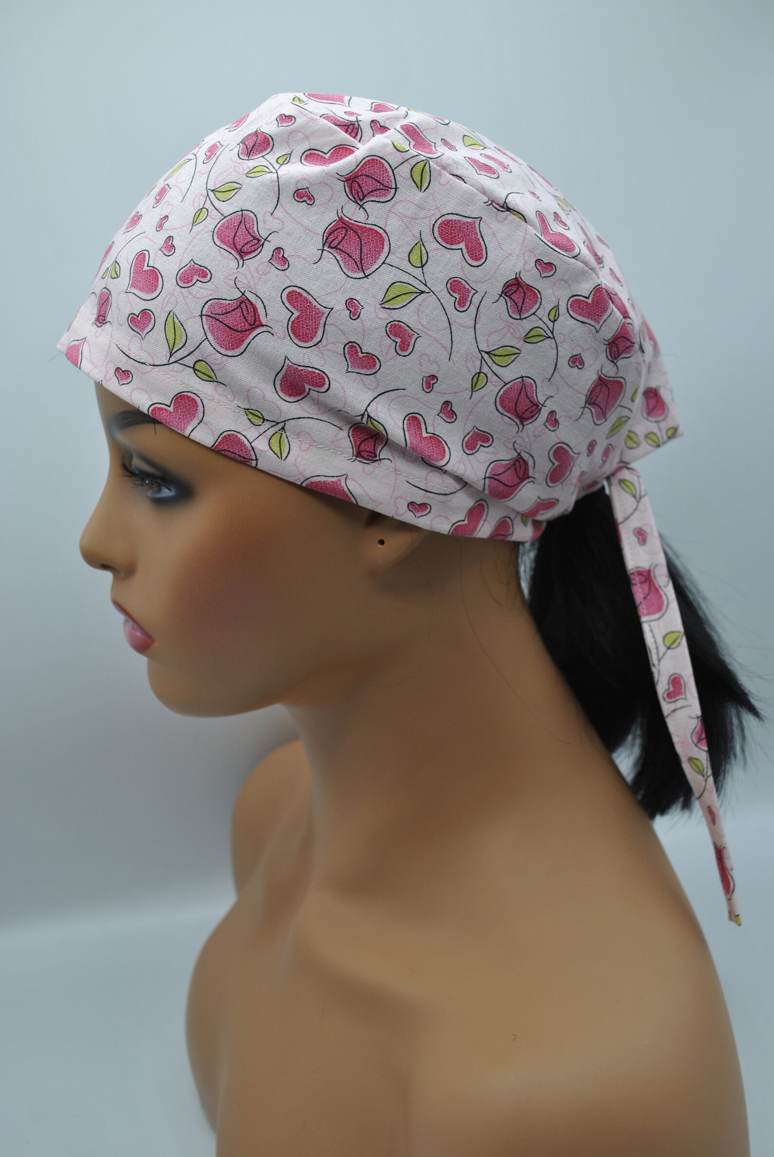 Pink Hearts and Roses Surgical Scrub Cap, Head Cover, Scrub Hat, Tie ...