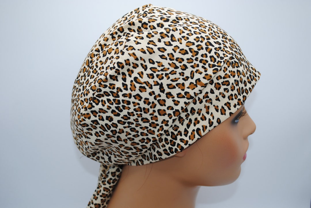 Tan Leopard Spotted Surgical Scrub Cap for Long Hair, for Nurse, Doctor ...