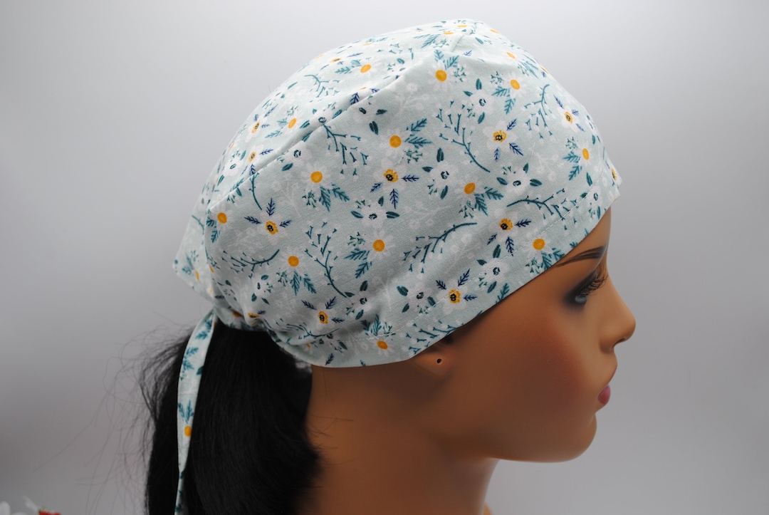 Mint Green White Daisy Flowers Surgical Scrub Cap for Nurse, Women, Men ...