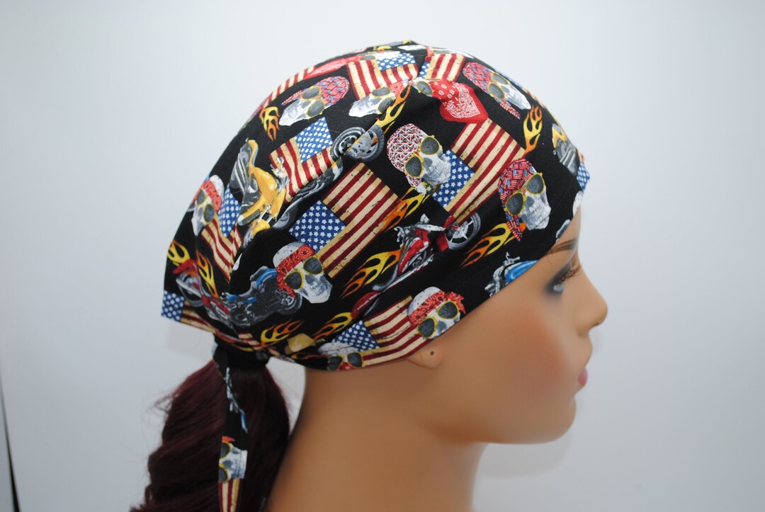 Motorcycles, Skeletons, and USA Flags Surgical Scrub Cap for Nurse ...
