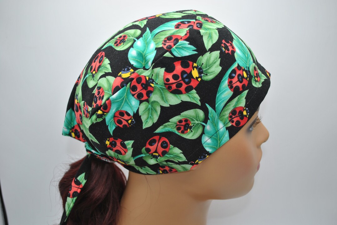 Red Lady Bugs on Leaves Black Surgical Scrub Hat, for Nurse, Doctor ...