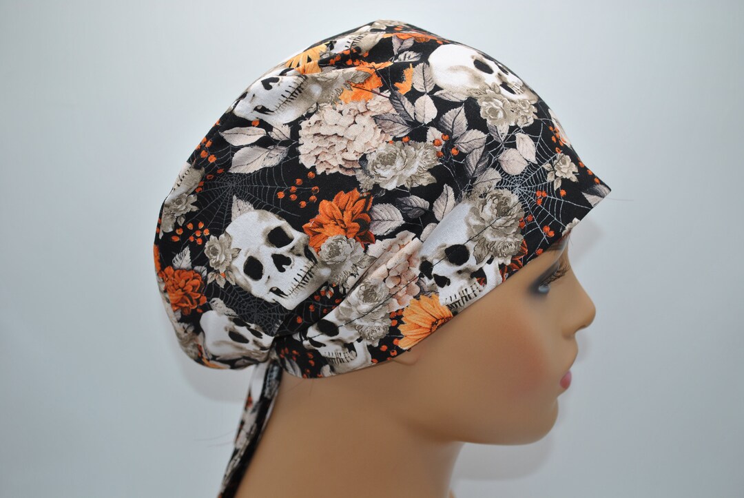 Skulls and Flowers Surgical Scrub Hat for Long Hair. Great for Nurse ...