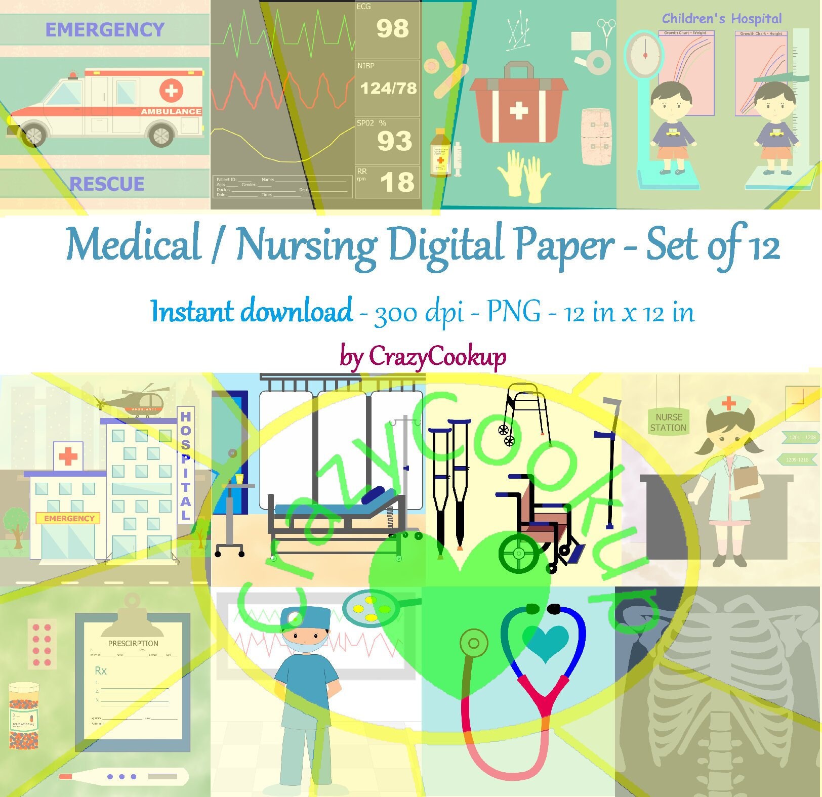 Medical / Nursing Digital Paper - Set of 12 - Etsy