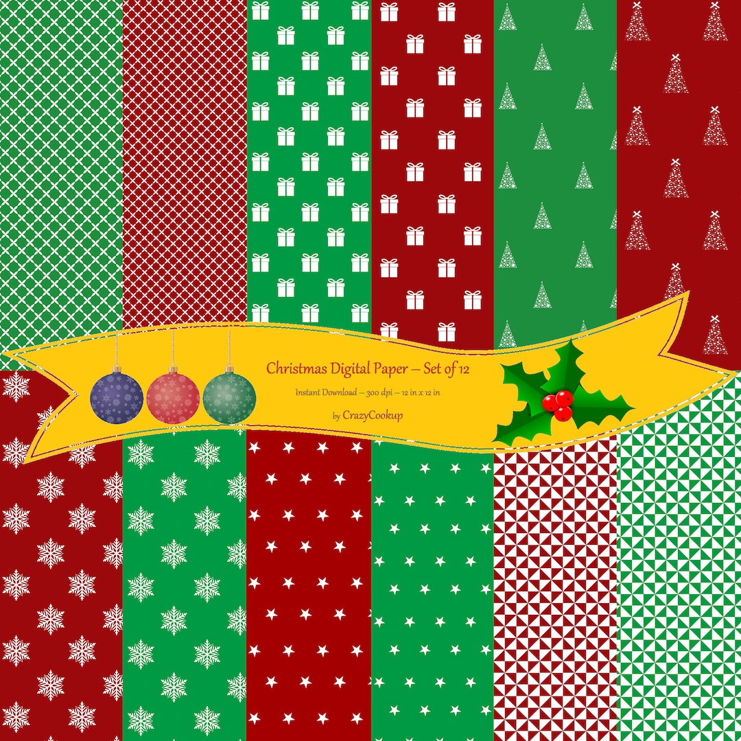 Christmas Digital Paper (red, Green and White) - Set of 12 - Etsy