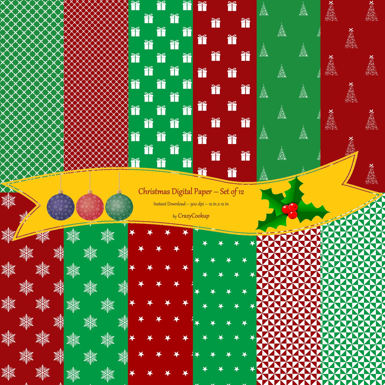 Christmas Digital Paper red, Green and White Set of 12 - Etsy