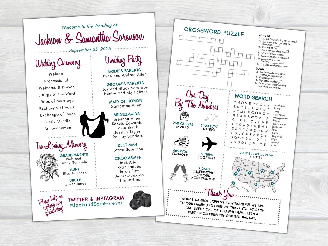 Wedding Program With Crossword Puzzle, Word Search, Day by the Numbers ...