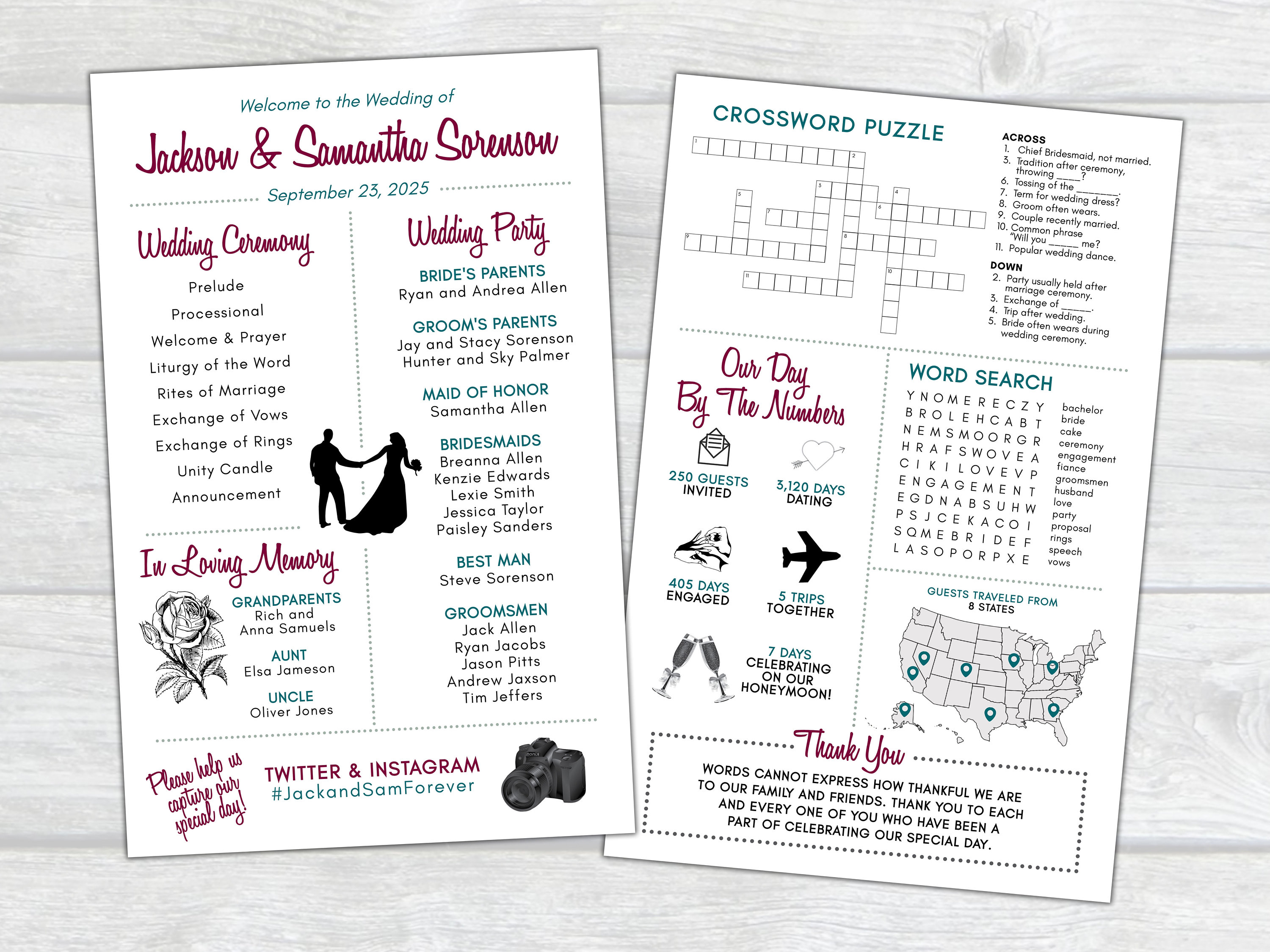 Wedding Program With Crossword Puzzle Word Search Day By The Numbers