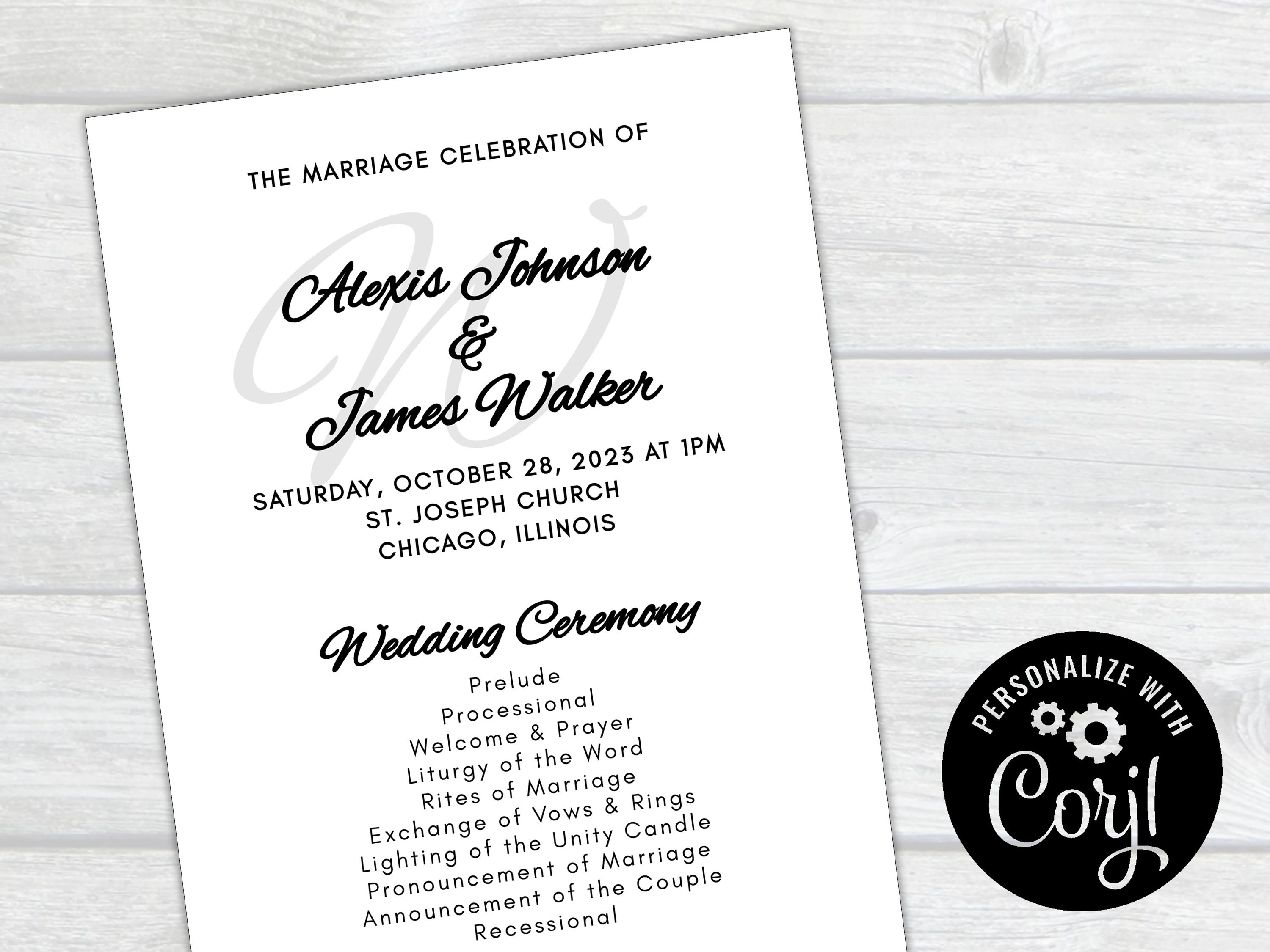 Traditional Wedding Ceremony Program | Elegant Catholic Wedding Program ...