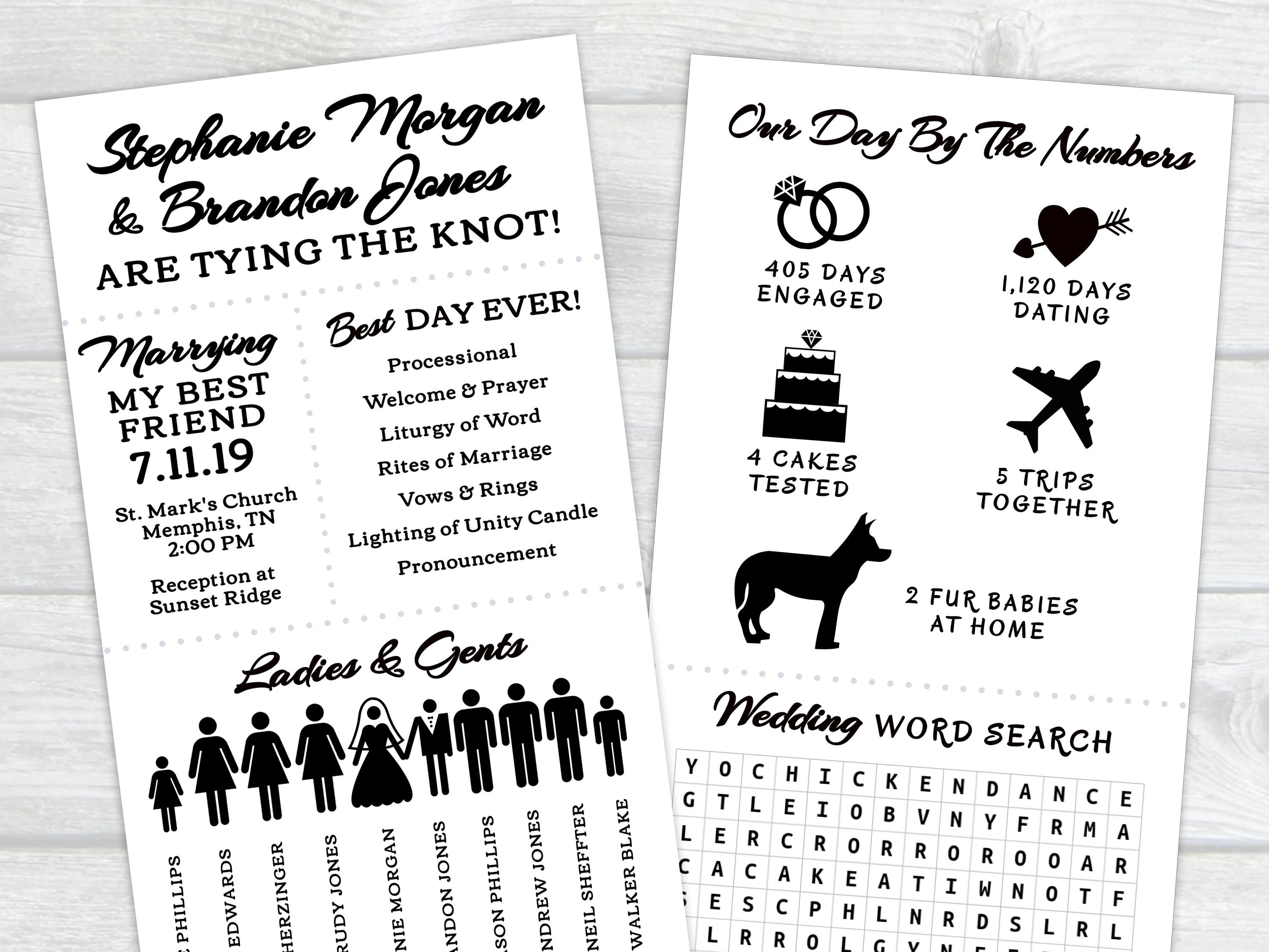 Fun Infographic Wedding Program Template, Word Search, Our Day by the ...