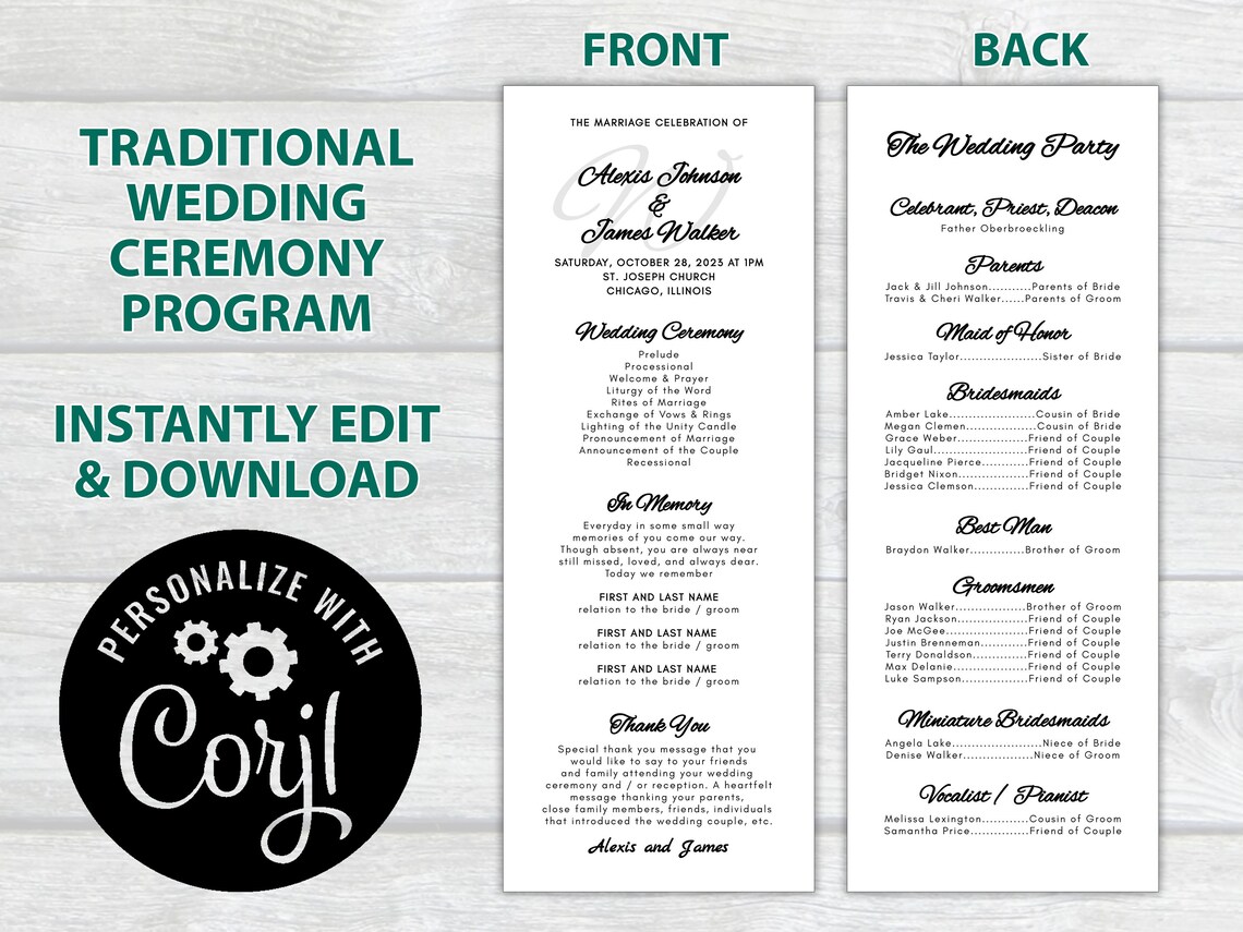 Traditional Wedding Ceremony Program Elegant Catholic Wedding Program ...