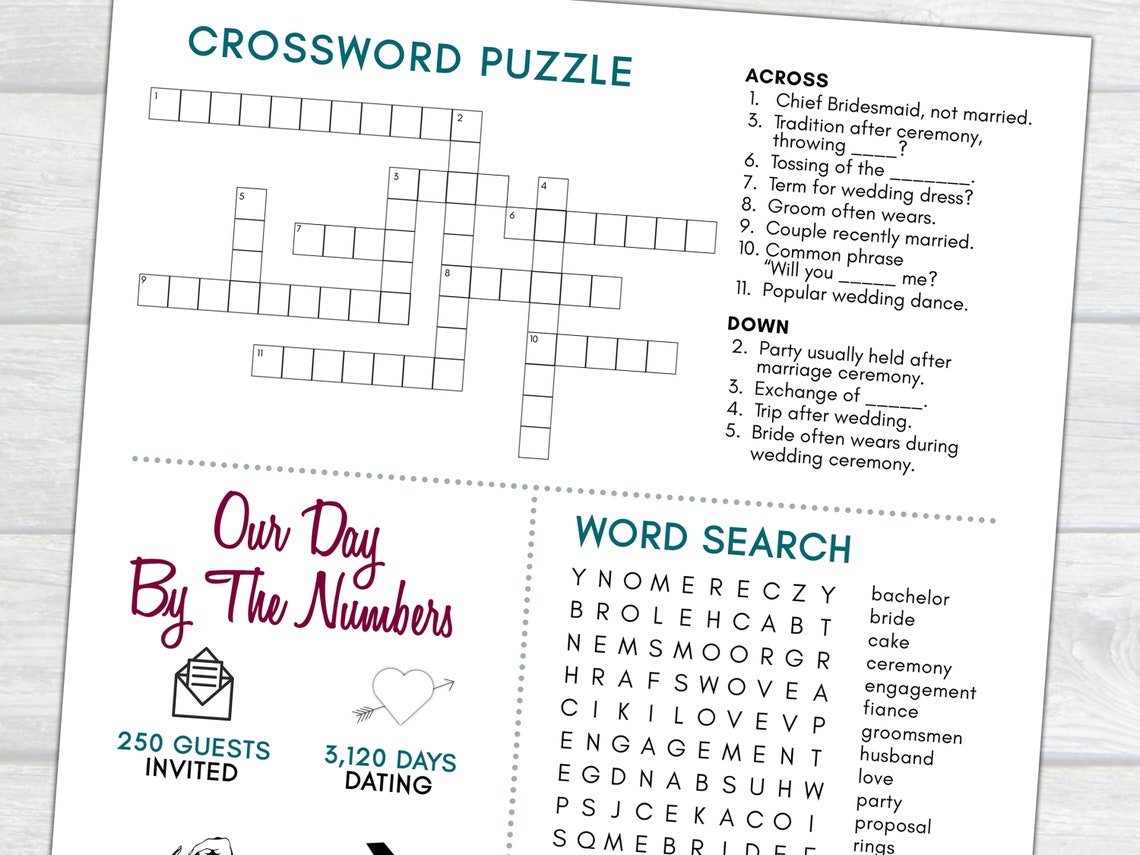 Wedding Program With Crossword Puzzle, Word Search, Day by the Numbers ...
